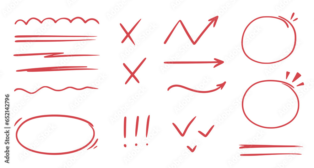 Red line check mark, underline, circle. Hand drawn doodle sketch red ...
