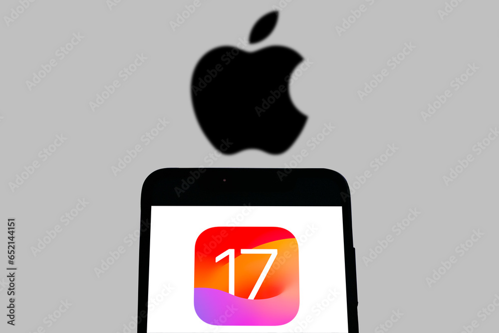 Logo of iOS 17 displayed on phone screen Stock Photo | Adobe Stock