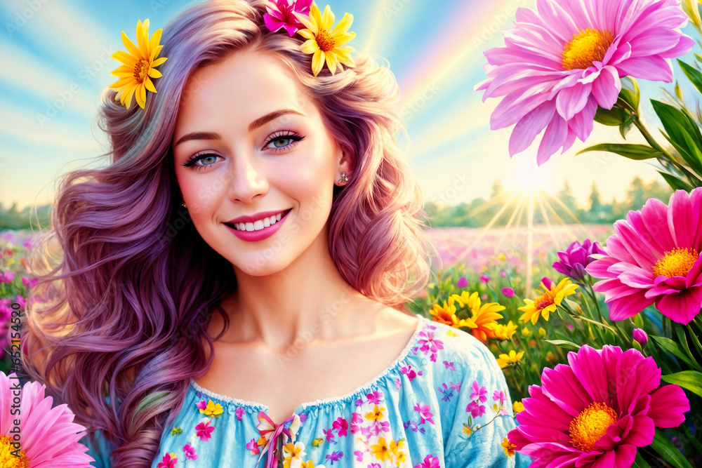 portrait of a beautiful girl posing in nature, a bright sunny day in ...