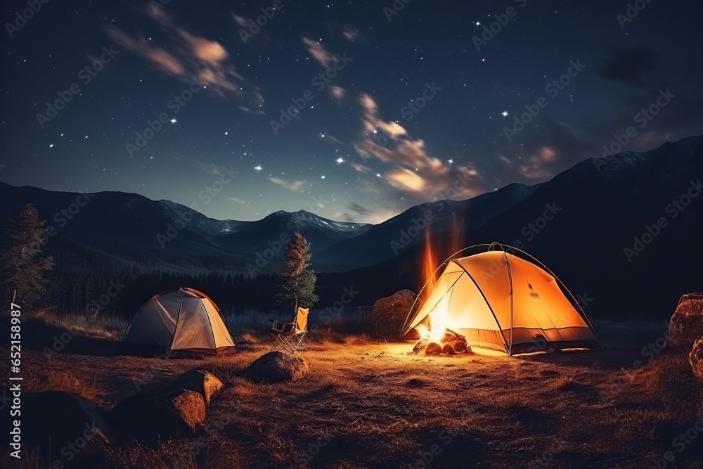 Secluded campsite nestles under the vast tapestry of twinkling stars. A ...
