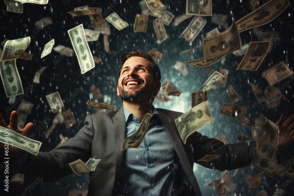 Successful man standing under money rain. A lot of dollar banknotes ...