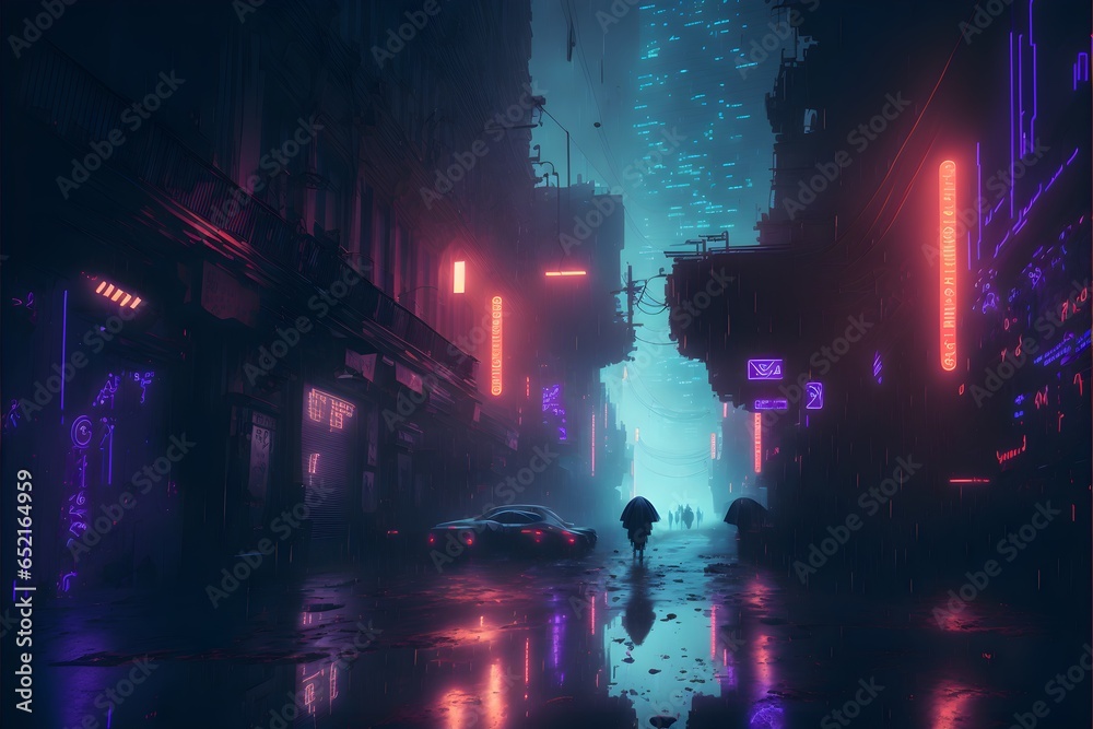 Neon lit Unreal Engine still of Cyberpunk City raining dystopian with ...