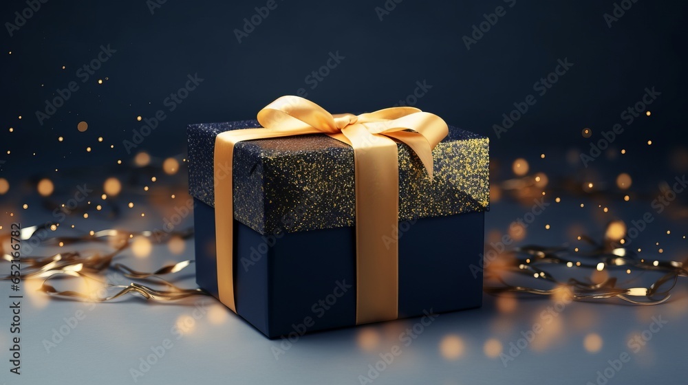 Photo of a beautifully wrapped blue gift box with a gold ribbon and bow ...