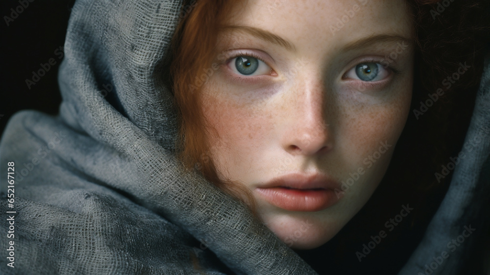 Closeup studio portrait of a glamorous female fashion model with dark ...