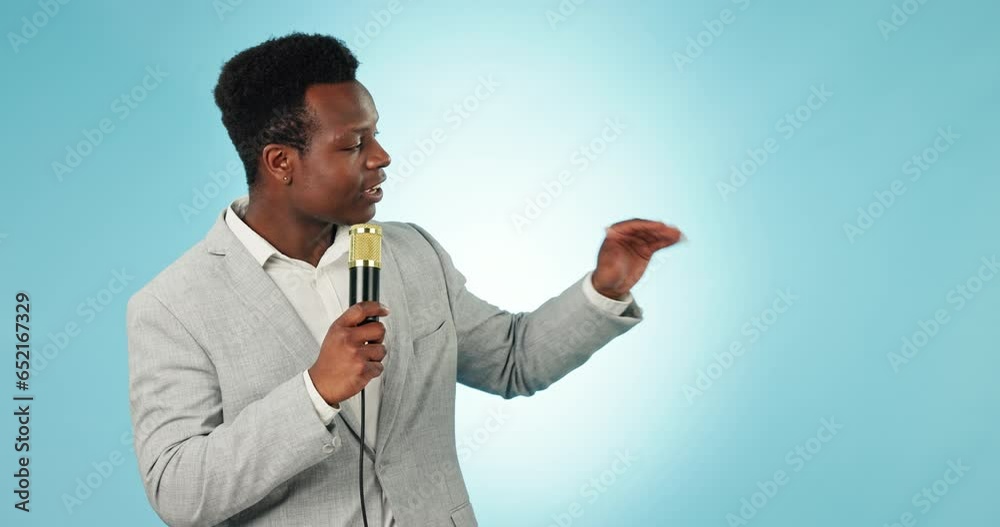 Reporter, news and black man pointing at information, mic with ...