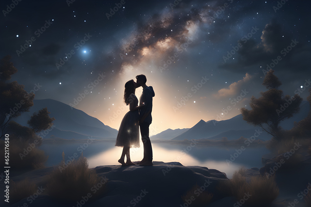 Romantic couple's kiss beneath starry Milky Way, bathed in moonlight, symbolizing timeless love ...
