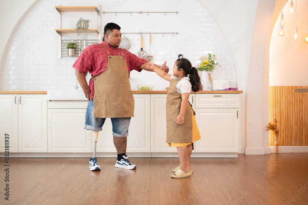A plus size family with a father wearing a prosthetic leg, The daughter ...