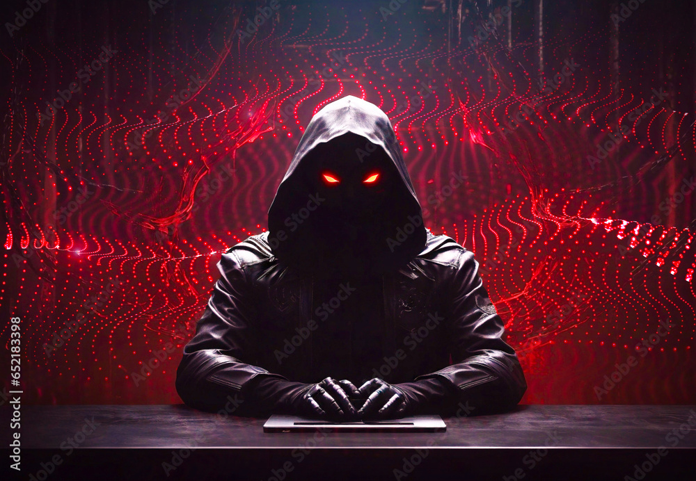 A mysterious hacker in a black robe and mask stands surrounded by a ...