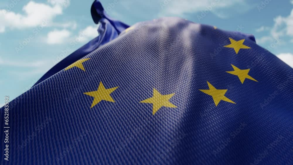 Wavy flag of European Union blowing in the wind in slow motion. Waving ...