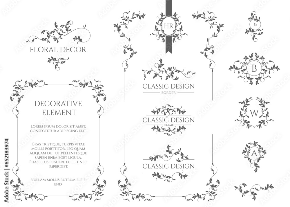 Floral monograms and borders, frames for cards, invitations, menus ...