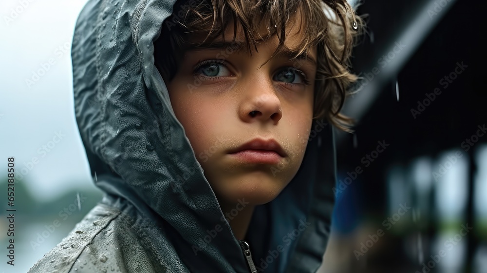 Sad autistic boy looking somewhere far away in rainy day. Stock Photo ...