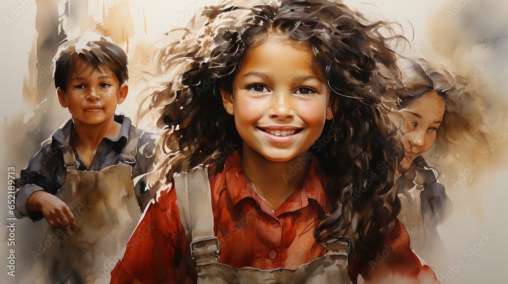 Happy Kids Watercolor Painting, Boy and Girl Expressing Joyful ...