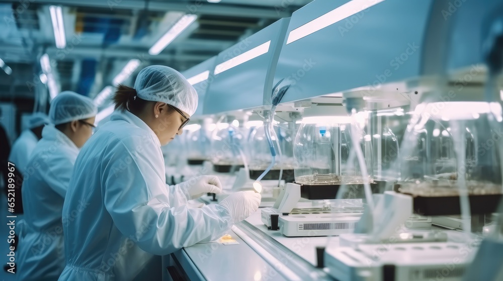 Skilled workers in pharmaceutical manufacturing prepare and produce ...