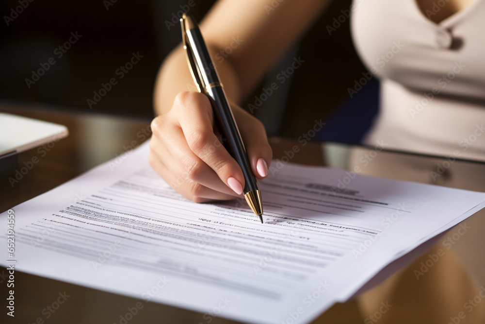 Tax season concept. Woman hand filling US individual income tax return ...