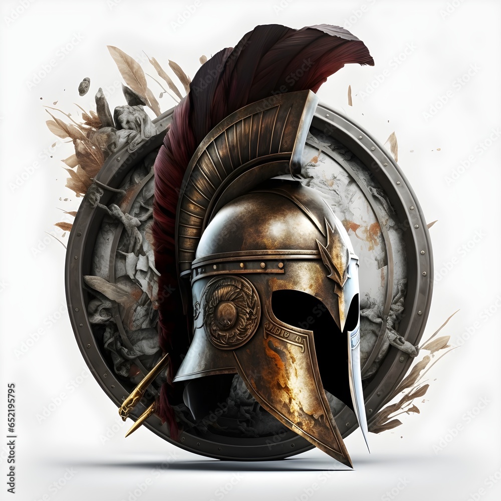 helmet of a spartan in the foreground a spartan shield and a spear in ...