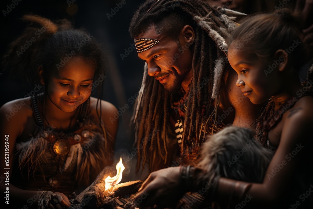 Aboriginal family gathered around a campfire, embracing their heritage ...