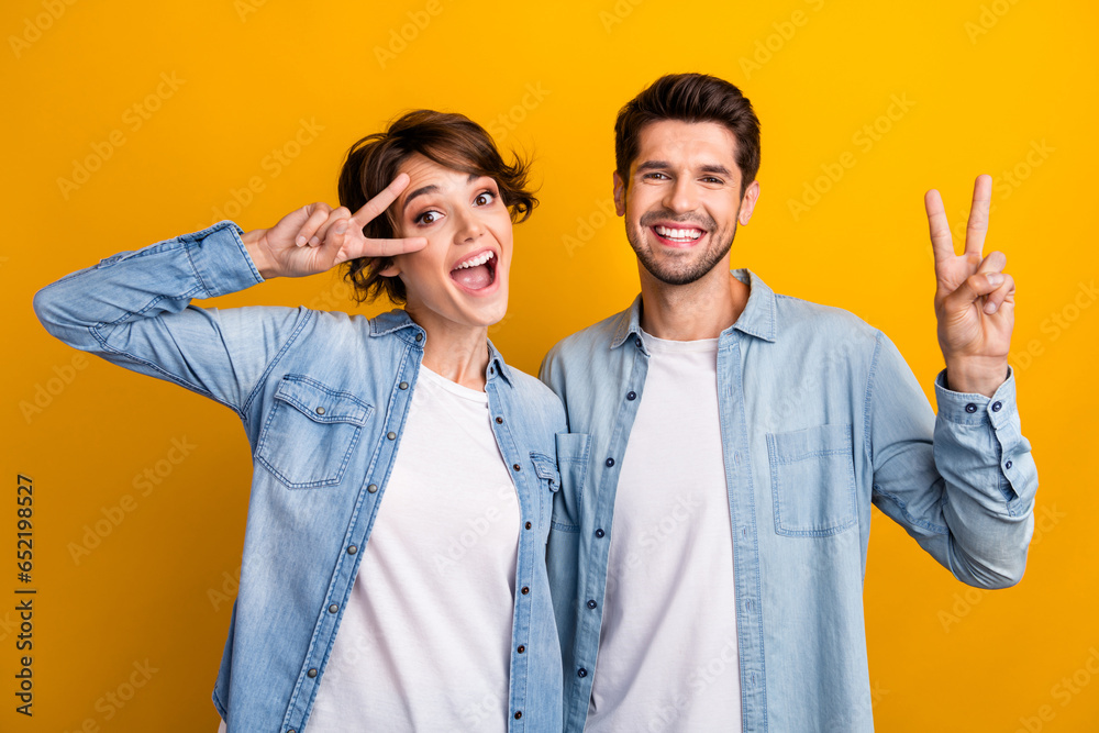 Photo of positive cheerful buddies lady guy meeting have fun make v ...