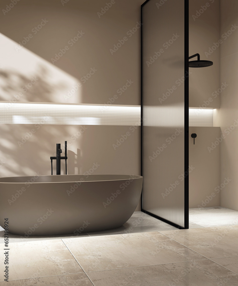 Minimal, modern bathroom with brown bathtub, reeded glass partition ...