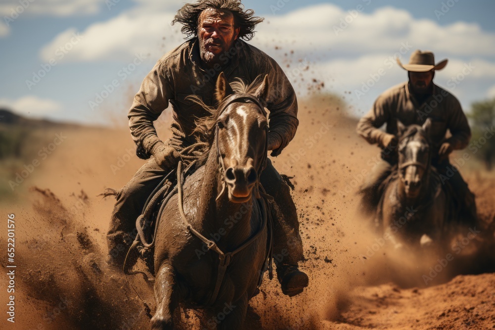 Cowboy and his horse racing across an open plain, a sense of freedom in ...