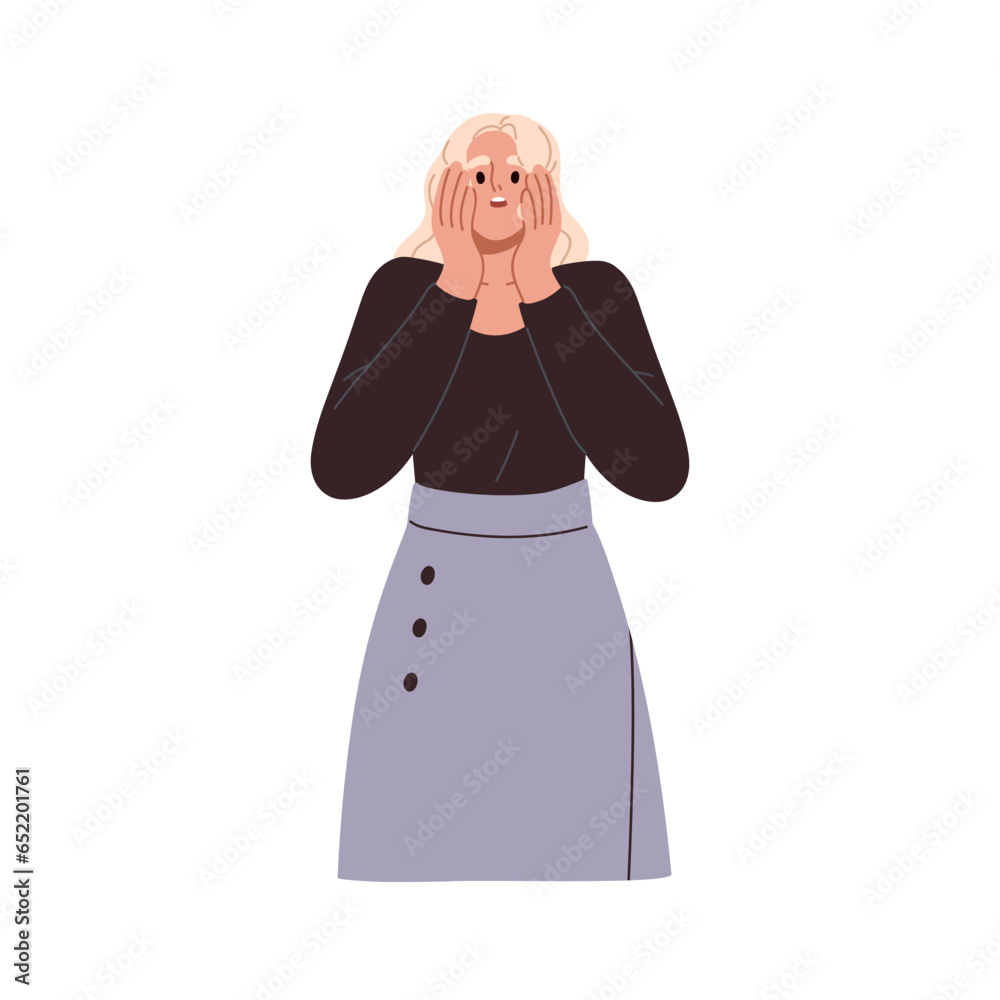 Fear and fright emotions. Frightened shocked woman afraid of something ...