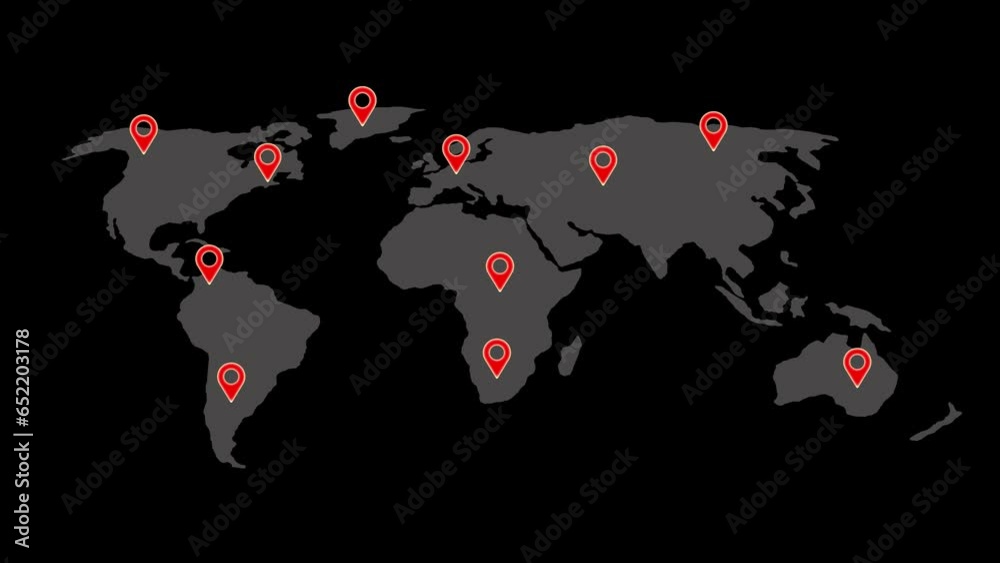 Colorful location icon on world map different information black ...