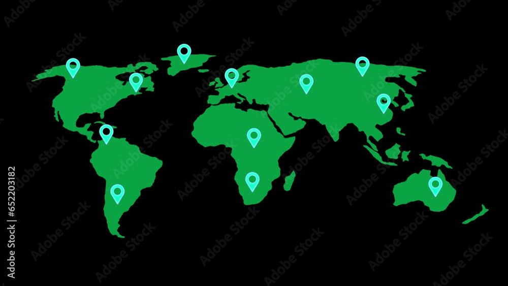 Colorful location icon on world map different information black ...