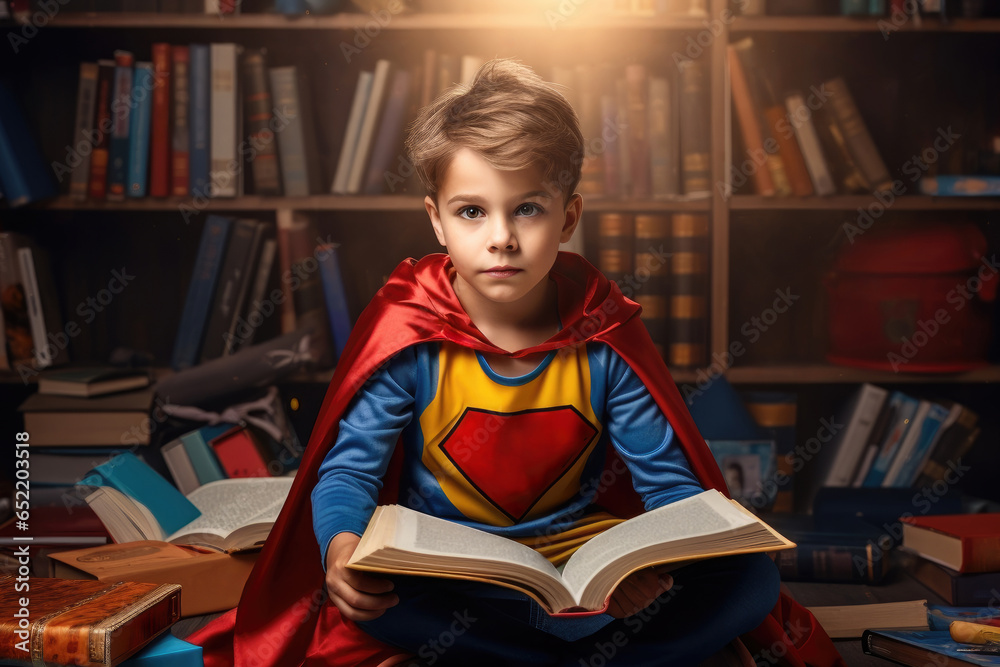 Little boy with super hero costume reading book seated on floor near ...