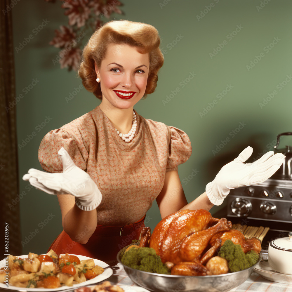 The woman is a chef, ready for Thanksgiving dinner. In the style of ...