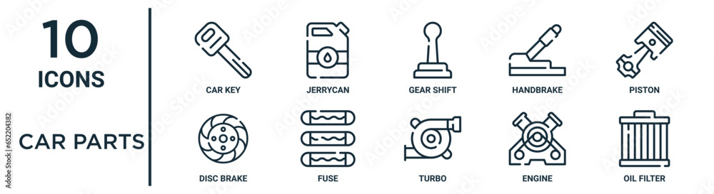 car parts outline icon set such as thin line car key, gear shift ...