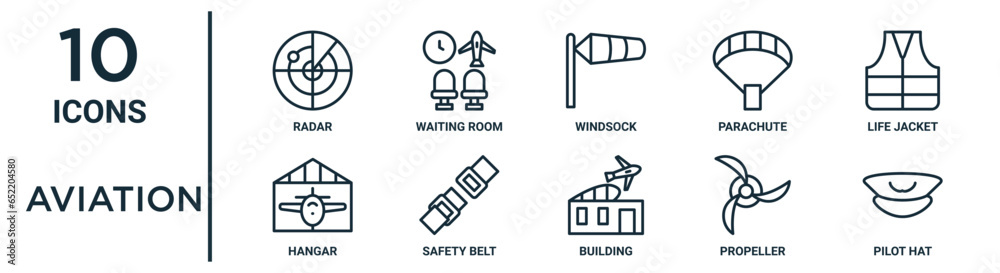 aviation outline icon set such as thin line radar, windsock, life ...