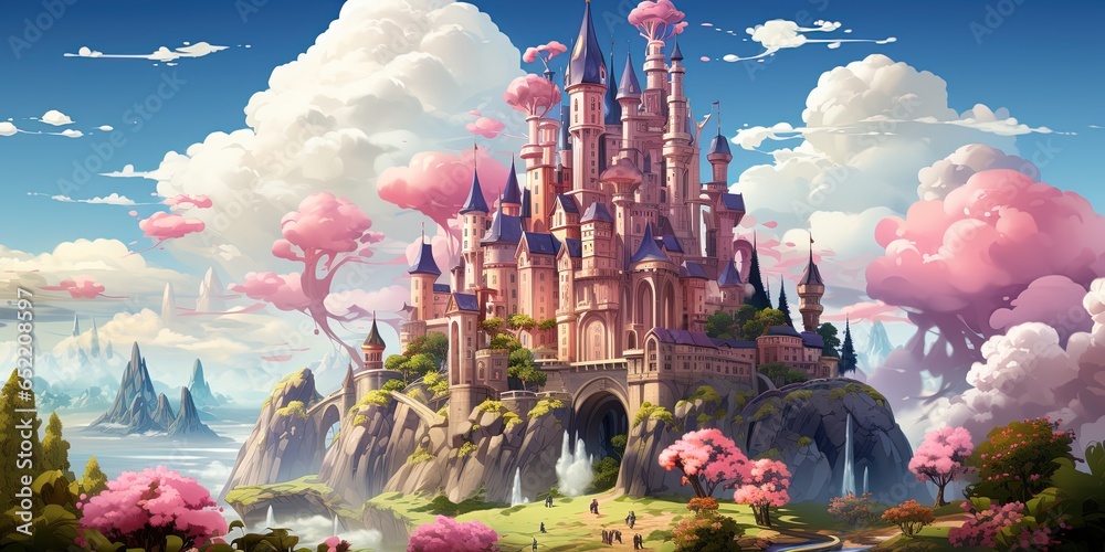 Pink royal castle floating on island in sky. Vector cartoon ...