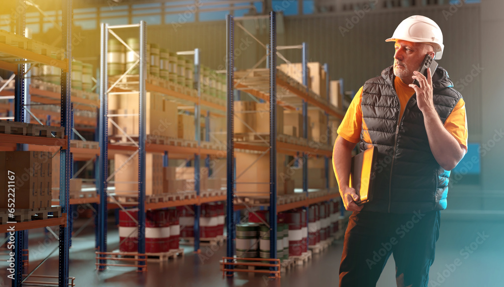 Warehouse manager. Man is standing in storage hangar. Manager of ...