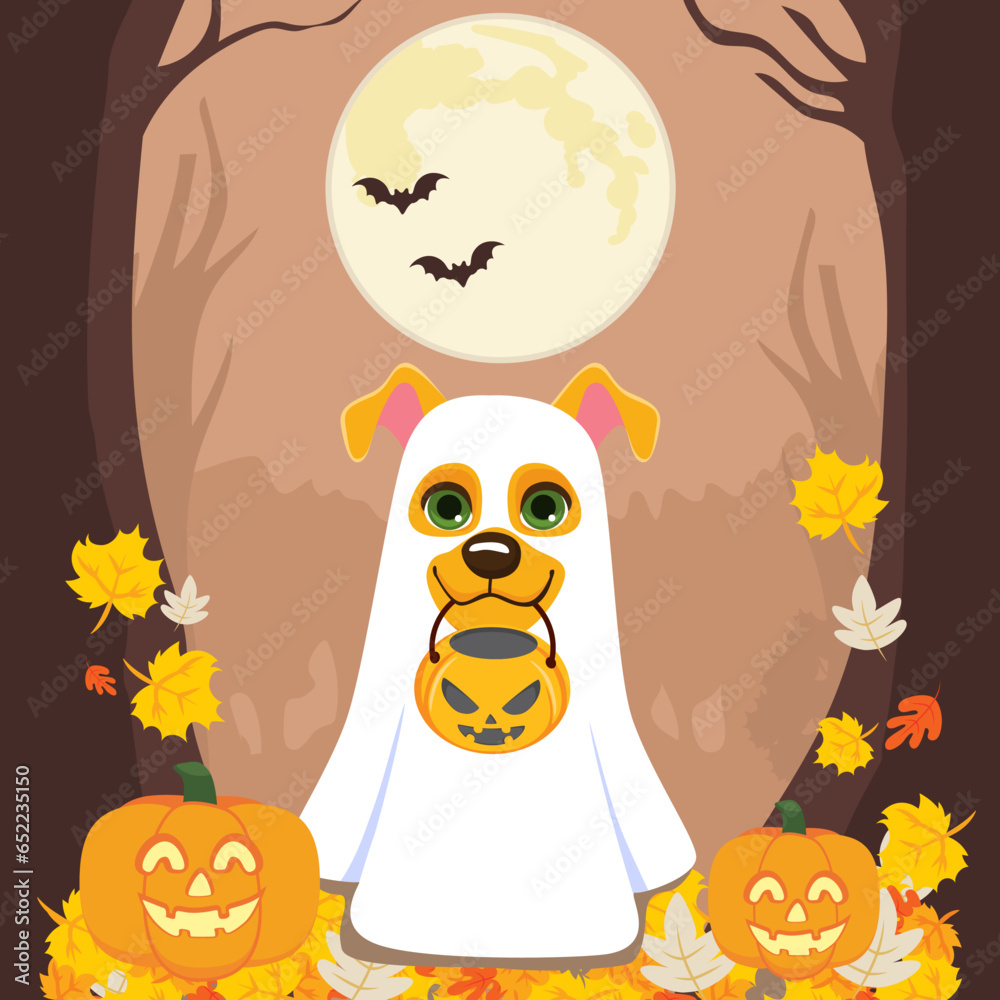 Dog in ghost costume with Halloween bucket vector illustration. Cute ...