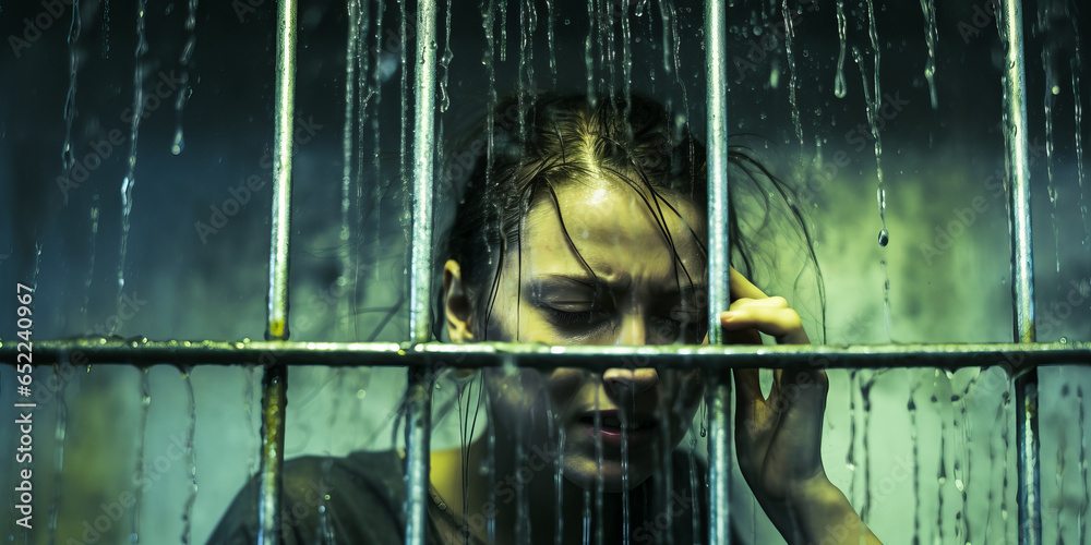 Poignant image of a woman in prison, gazing longingly at the falling ...