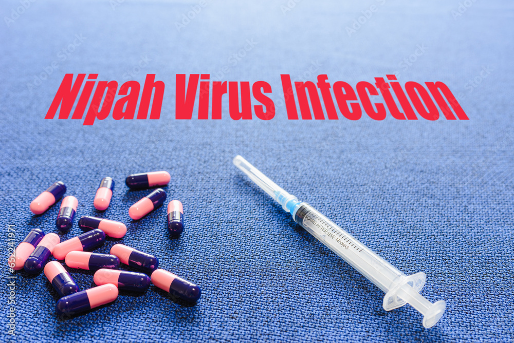 Nipah virus concept.A blue background with the inscription NIPAH VIRUS ...