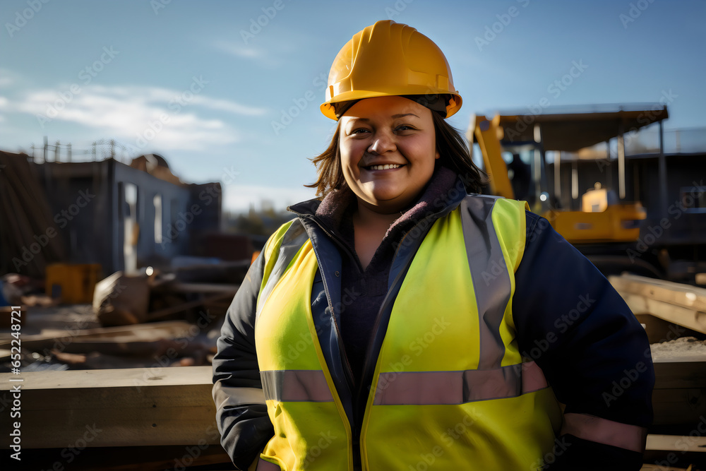 portrait of smiling plus size woman on site wearing hard hat, high vis ...