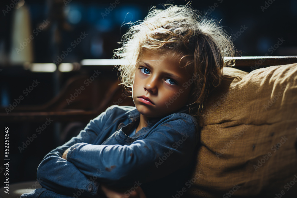Engaging image of a young, blond boy displaying deep sadness. His blue ...
