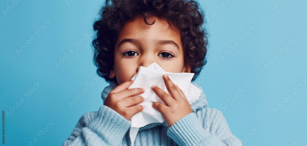 A little boy using a white tissue for his runny nose in a studio. Stock ...