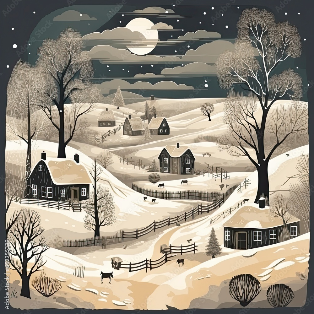An illustration of a winter landscape with houses, snow, road and trees ...