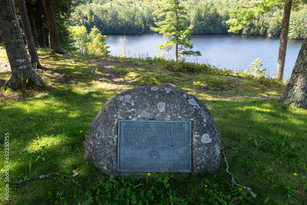 Bingham, Somerset County, Maine, USA, September 20, 2023 - Tablet marking where Colonel Benedict ...