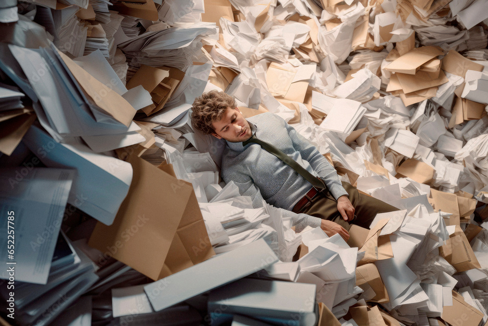 Burnout Break. In the Office, an Overworked Employee Takes a Nap on ...