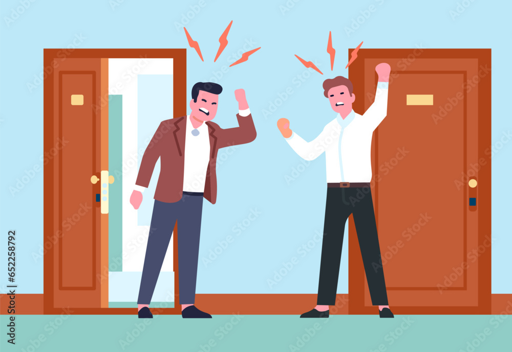 Conflict and dispute between neighbors. Loud shouting. Guys argue in ...