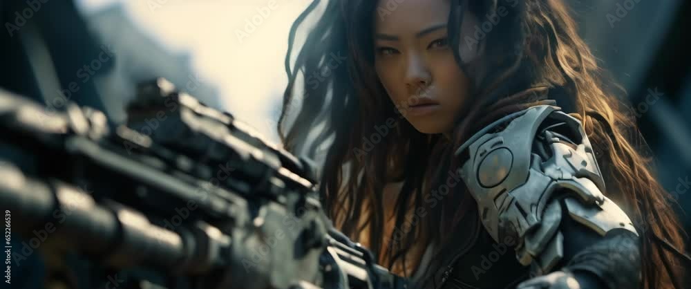 Portrait of cyberpunk female soldier of future in futuristic combat ...