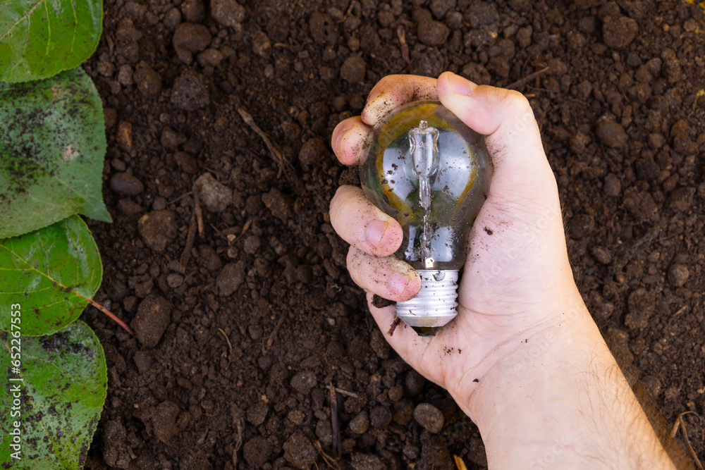hand holding a lightbulb on soil background, symbolizes renewable ...