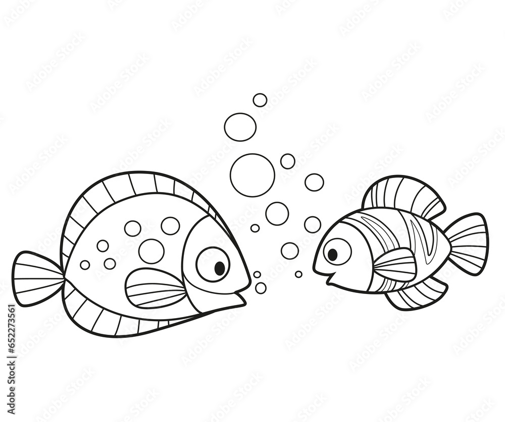 Two cute cartoon sea fishes outlined for coloring page isolated on ...