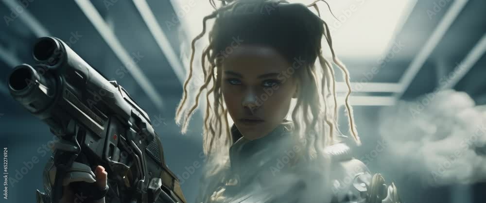 Portrait of cyberpunk female soldier of future in futuristic combat ...