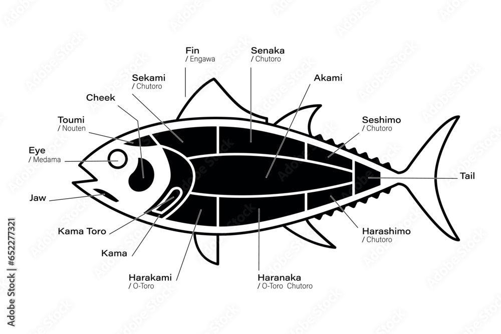 Tuna Cuts diagram. Black and white parts of tuna of blue background ...