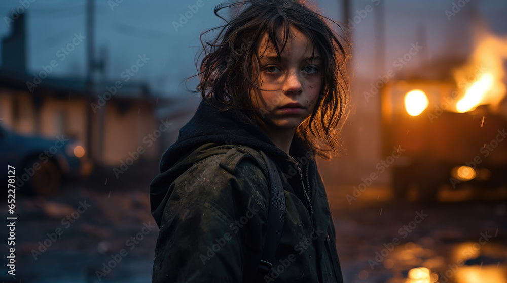 Child on derbis of destroyed city, post apocalypse kid standing in the ...