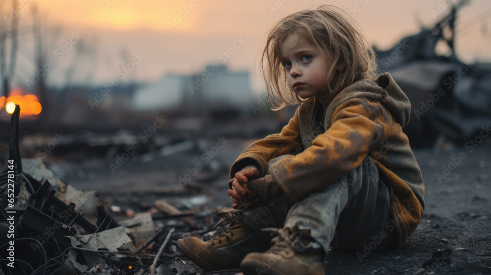 Child on derbis of destroyed city, post apocalypse kid standing in the ...