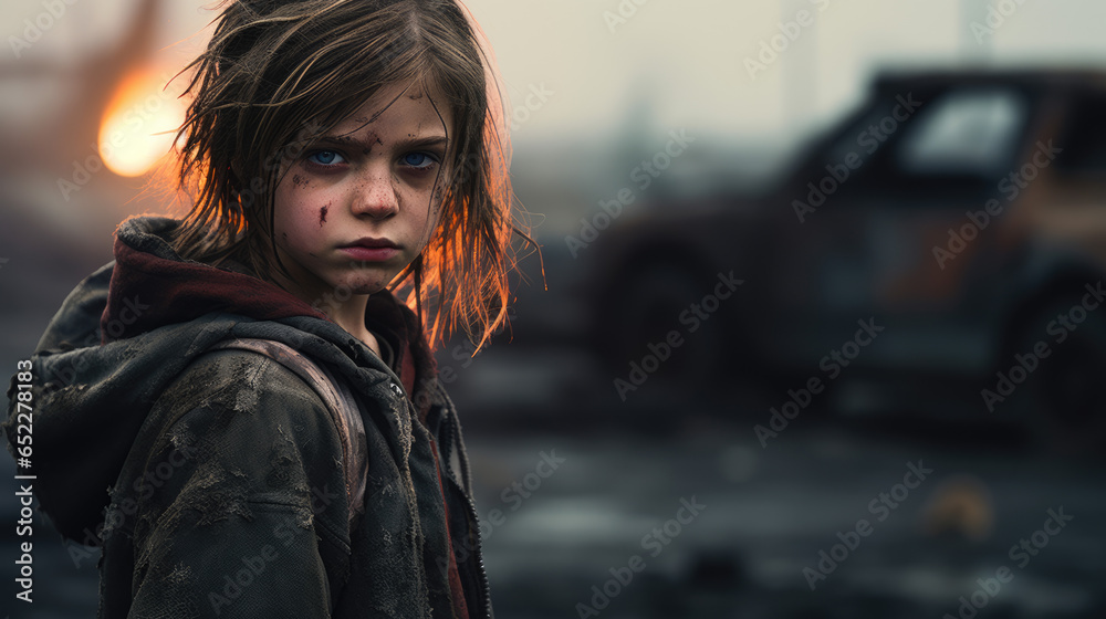 Child on derbis of destroyed city, post apocalypse kid standing in the ...